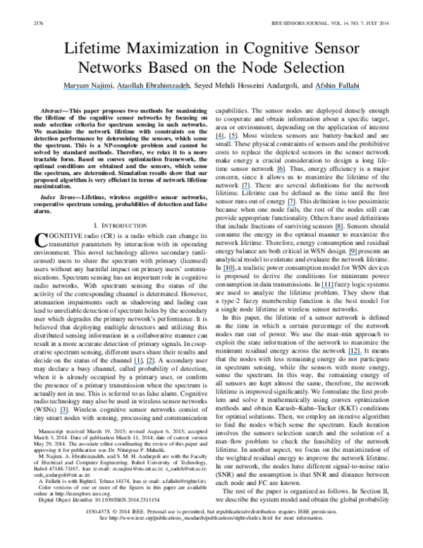 Pdf Lifetime Maximization In Cognitive Sensor Networks Based On The Node Selection