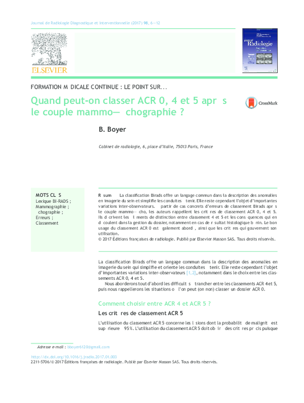 (PDF) Quand peut-on classer ACR 0, 4 et 5 après le couple mammo—échographie