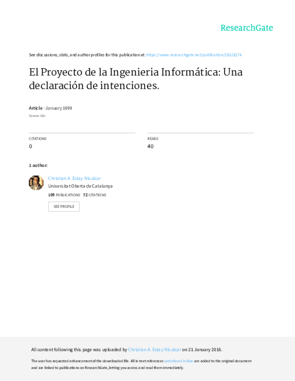 (PDF) El Proyecto de la Ingenieria Informática: Una declaración de intenciones