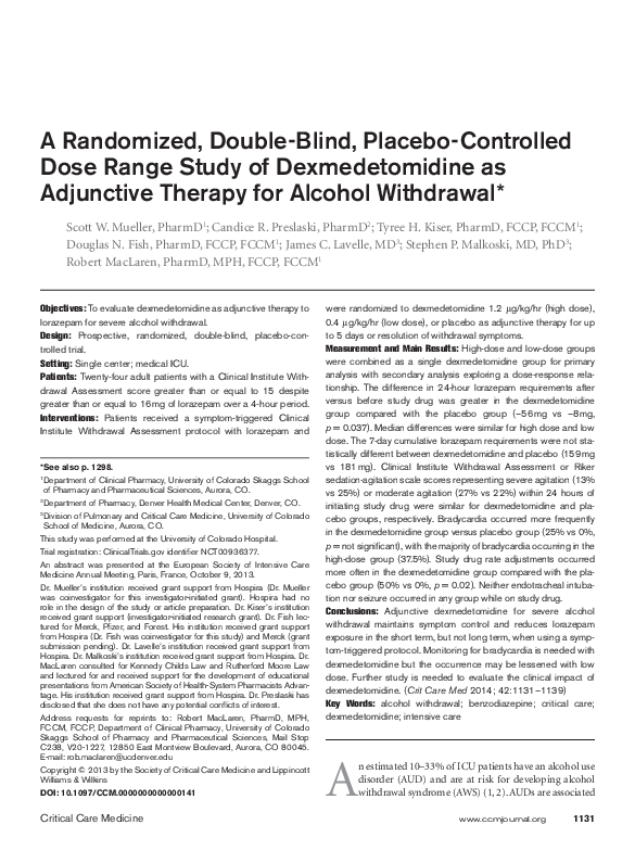 (PDF) A Randomized, Double-Blind, Placebo-Controlled Dose Range Study of Dexmedetomidine as ...