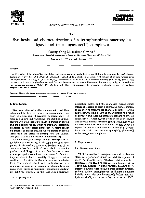 (PDF) Synthesis and characterization of a tetraphosphine macrocyclic ligand and its manganese(II ...