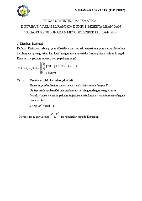 (DOC) Beberapa macam Distribusi Probabilitas Diskrit