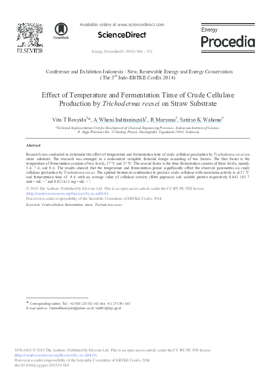 Pdf Effect Of Temperature And Fermentation Time Of Crude Cellulase Production By Trichoderma