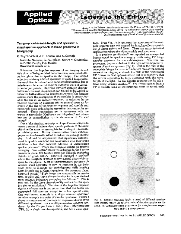 (PDF) Temporal coherence length and speckle: a simultaneous approach to ...