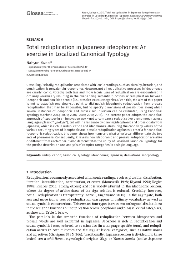 (PDF) Total reduplication in Japanese ideophones: An exercise in ...