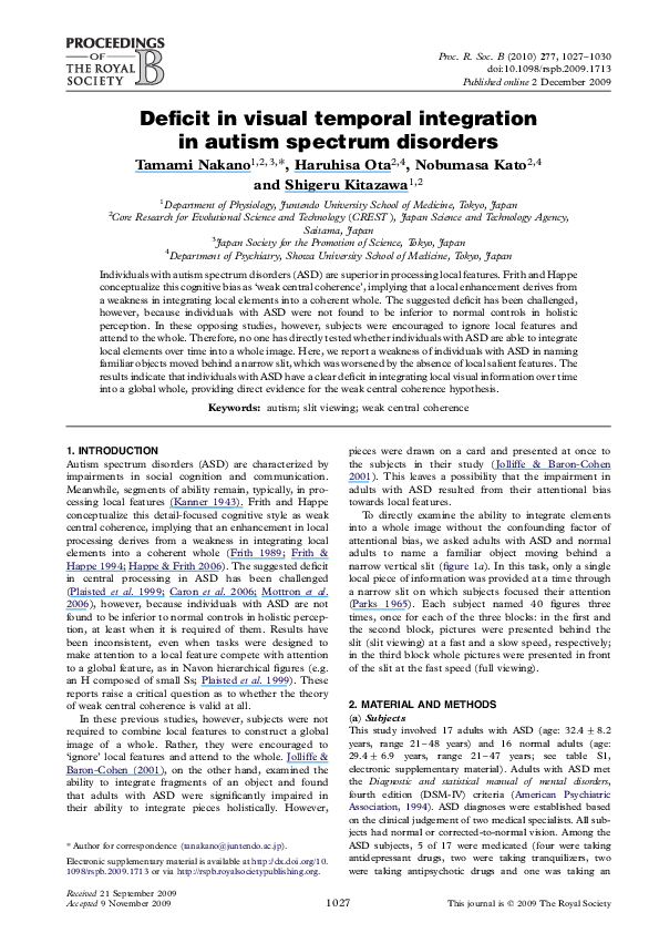Pdf Deficit In Visual Temporal Integration In Autism Spectrum Disorders