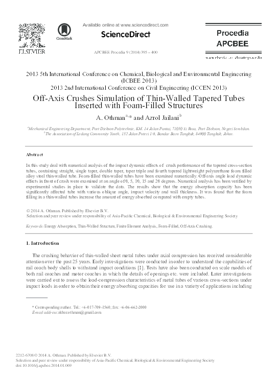 Pdf Off Axis Crushes Simulation Of Thin Walled Tapered Tubes Inserted With Foam Filled Structures