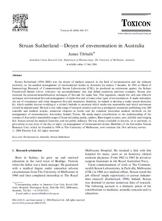 (PDF) Struan Sutherland—Doyen of envenomation in Australia