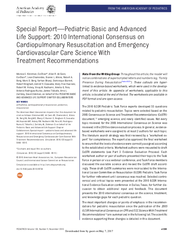 (PDF) Pediatric Basic and Advanced Life Support: 2010 International Consensus on Cardiopulmonary ...