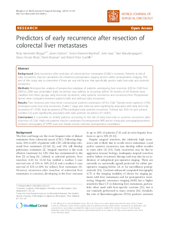 (PDF) Predictors of early recurrence after resection of colorectal liver metastases | Darius ...