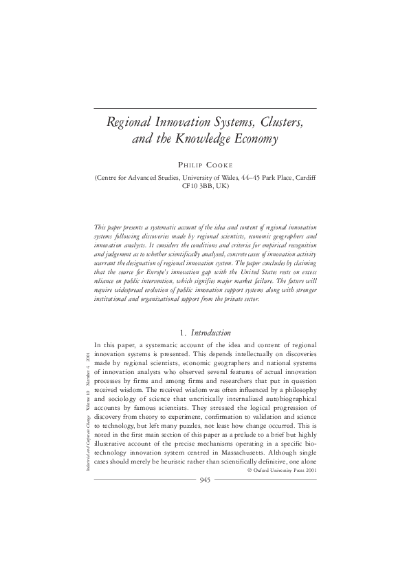 (PDF) Regional Innovation Systems, Clusters, and the Knowledge Economy