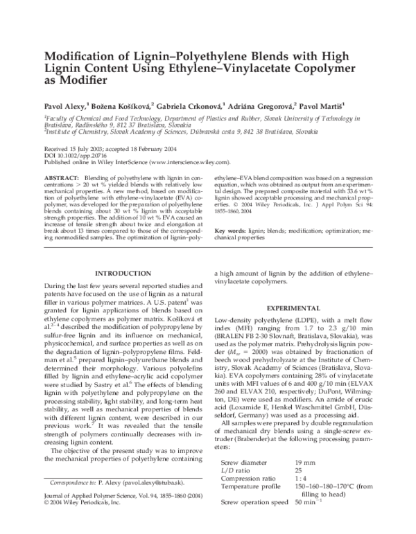 (PDF) Modification of lignin-polyethylene blends with high lignin content using ethylene ...