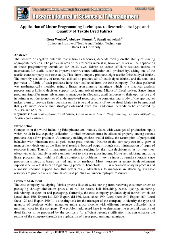 Pdf Application Of Linear Programming Techniques To Determine The Type And Quantity Of Textile