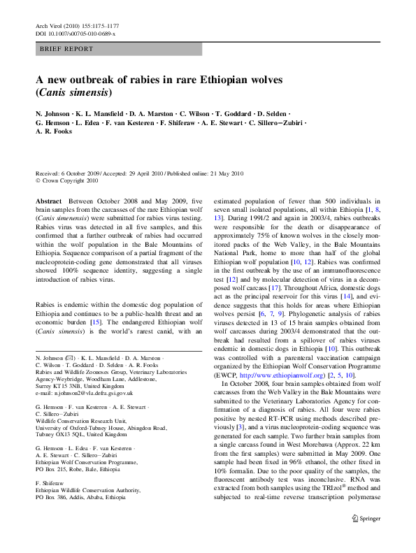 (PDF) A new outbreak of rabies in rare Ethiopian wolves (Canis simensis)
