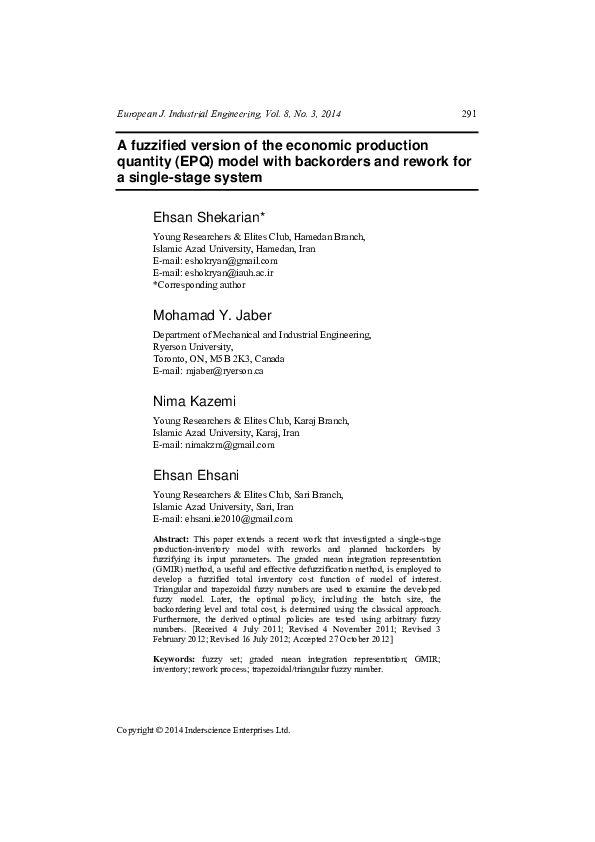 Pdf A Fuzzified Version Of The Economic Production Quantity Epq Model With Backorders And