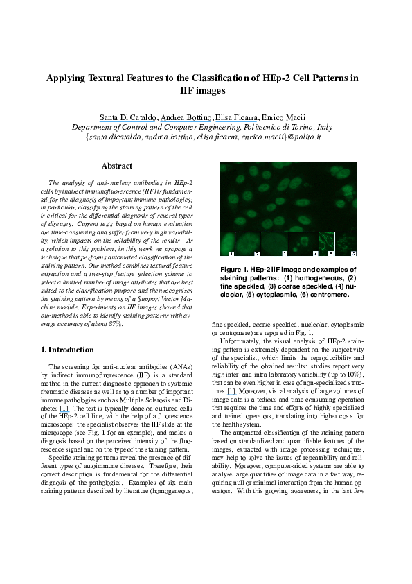 Pdf Applying Textural Features To The Classification Of Hep 2 Cell Patterns In Iif Images