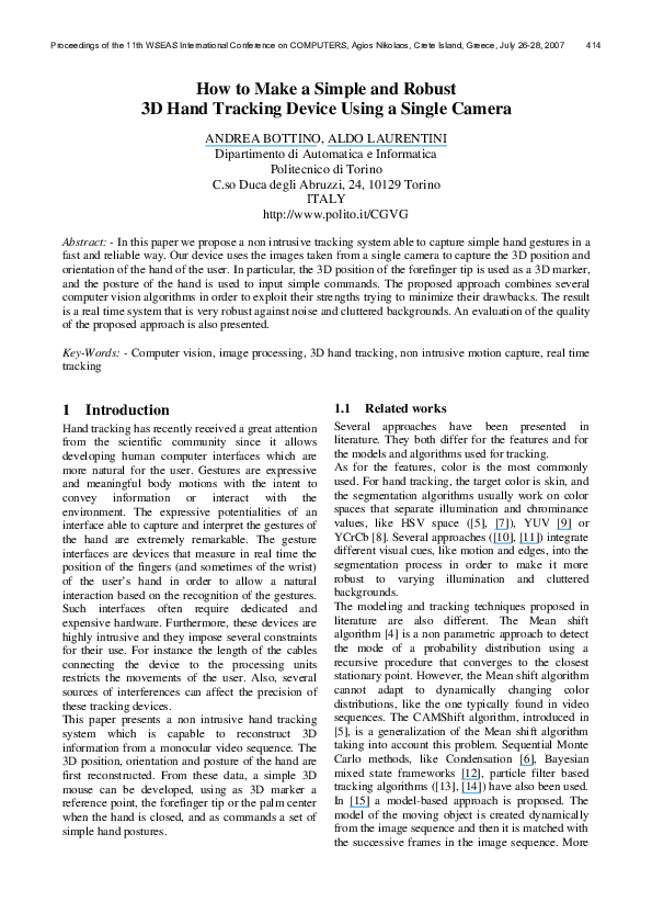 (PDF) Robust 3D Hand Tracking Using One Camera