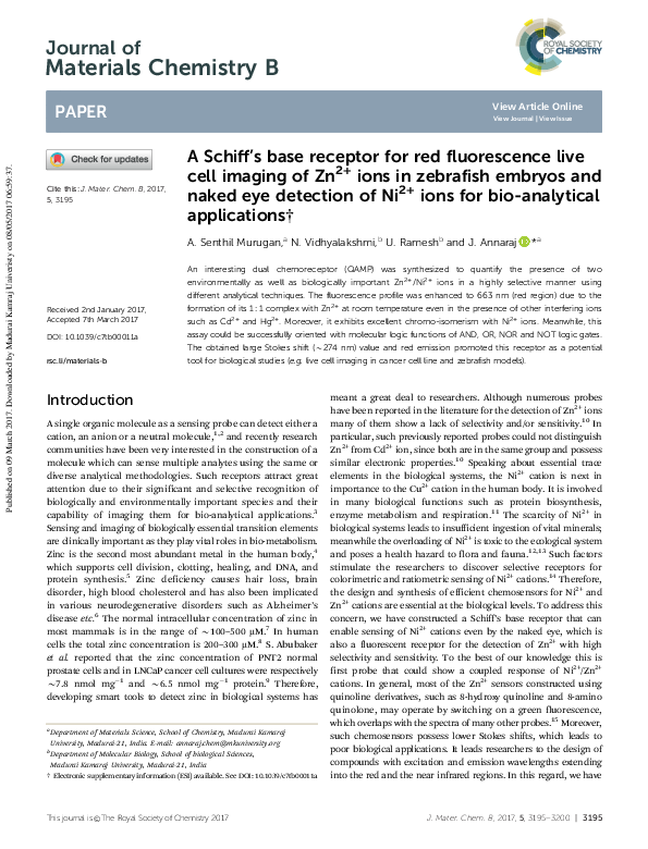 (PDF) A Schiff's base receptor for red fluorescence live cell imaging of Zn 2+ ions in zebrafish ...