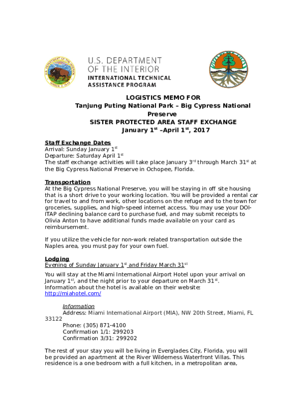 (DOC) LOGISTICS MEMO FOR Tanjung Puting National Park – Big Cypress ...