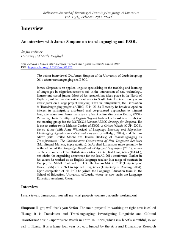 (PDF) An interview with James Simpson on translanguaging and ESOL