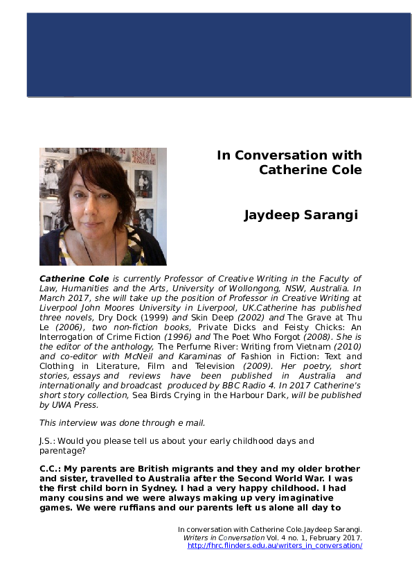 (DOC) Interview with Catherine Cole: Reflections on Childhood and Writing