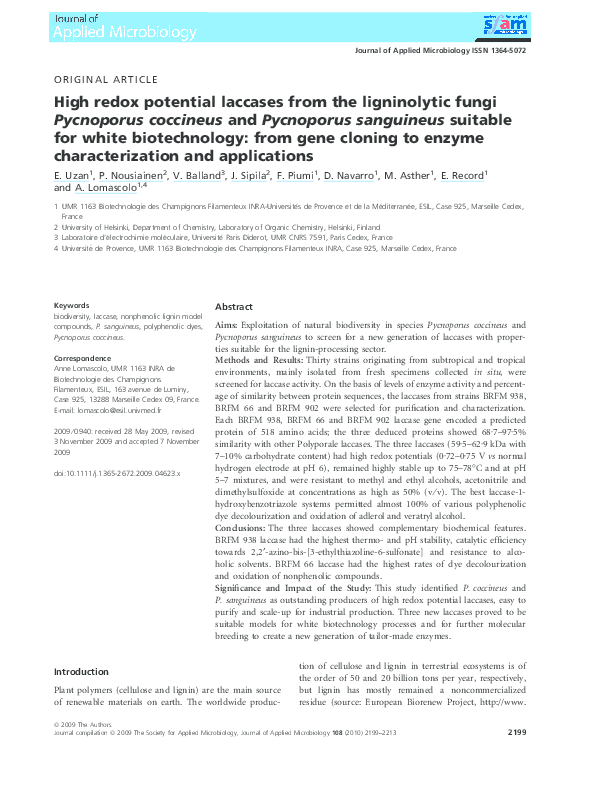 (PDF) Catalytic Efficiency of Basidiomycete Laccases: Redox Potential versus Substrate-Binding ...