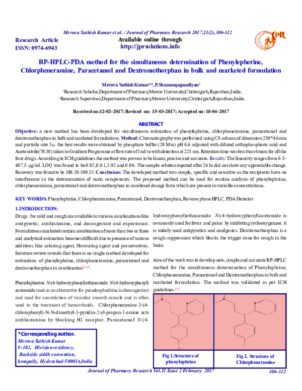 (PDF) RP-HPLC-PDA method for the simultaneous determination of Phenylepherine, Chlorpheneramine ...