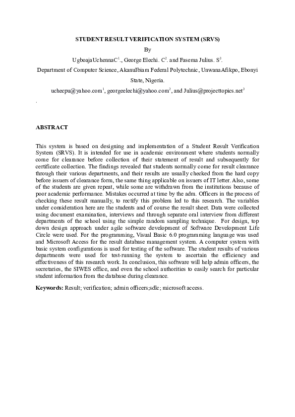 (DOC) STUDENT RESULT VERIFICATION SYSTEM (SRVS)
