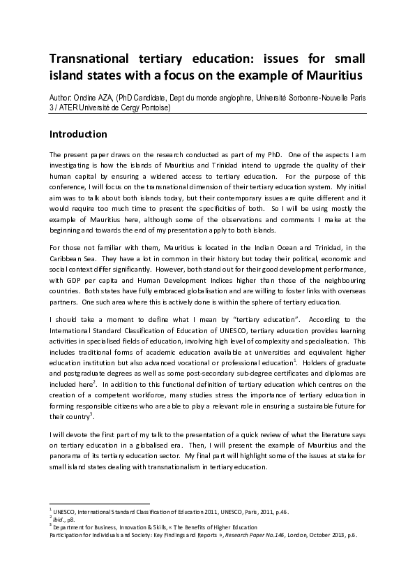 (PDF) Transnational tertiary education: issues for small island states ...