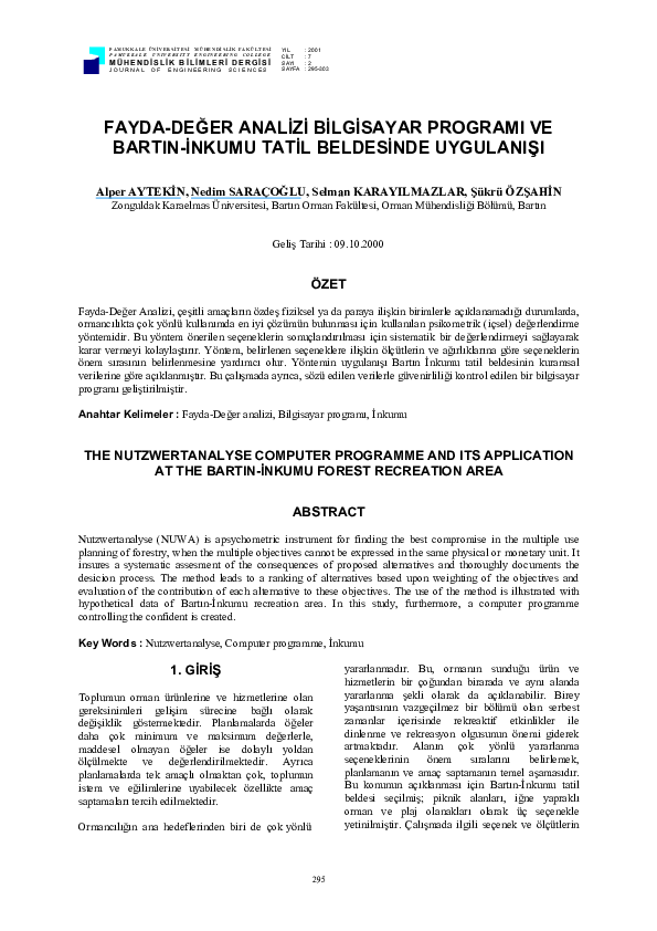 (PDF) Fayda-Değer Analizi Bilgisayar Programi Ve Bartin-İnkumu Tatil Beldesinde Uygulanişi