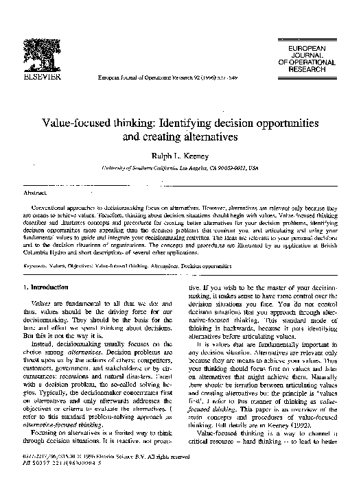 (PDF) Value-focused thinking: Identifying decision opportunities and creating alternatives