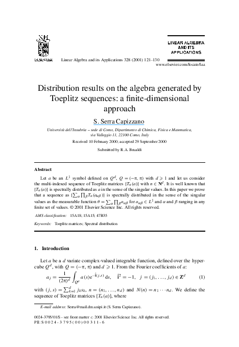 Pdf Distribution Results On The Algebra Generated By Toeplitz Sequences A Finite Dimensional