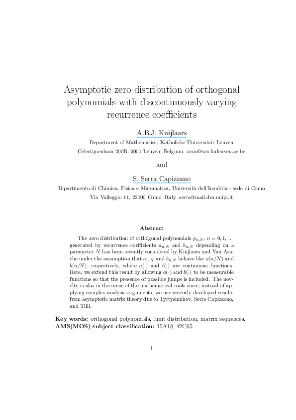 (PDF) The Asymptotic Zero Distribution of Orthogonal Polynomials with Varying Recurrence ...