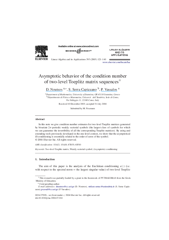 (PDF) Asymptotic behavior of the condition number of two-level Toeplitz matrix sequences