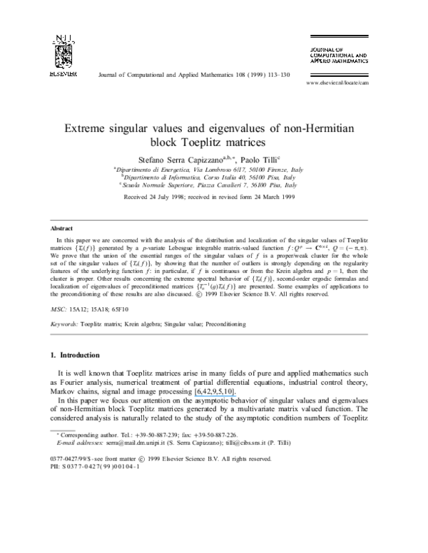 Pdf Extreme Singular Values And Eigenvalues Of Non Hermitian Block Toeplitz Matrices