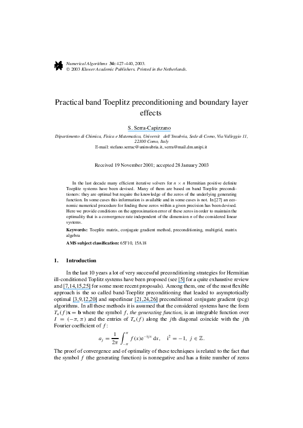 Pdf Practical Band Toeplitz Preconditioning And Boundary Layer Effects