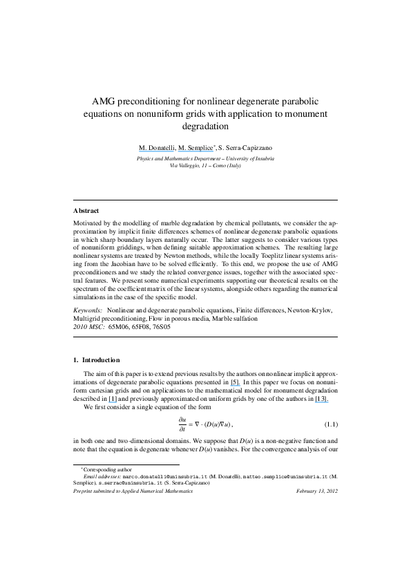 Pdf Amg Preconditioning For Nonlinear Degenerate Parabolic Equations On Nonuniform Grids With