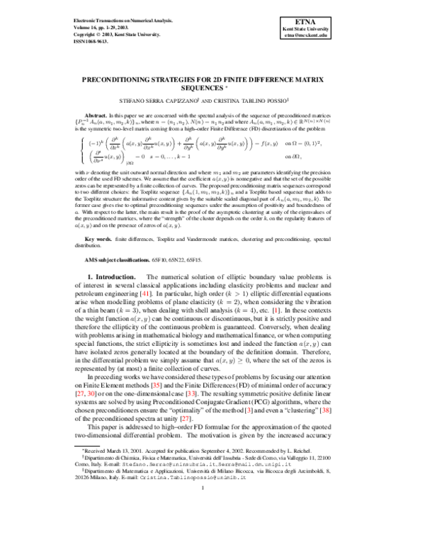 (PDF) Preconditioning strategies for 2D finite difference matrix sequences