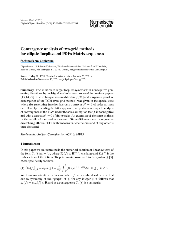 Pdf Convergence Analysis Of Two Grid Methods For Elliptic Toeplitz