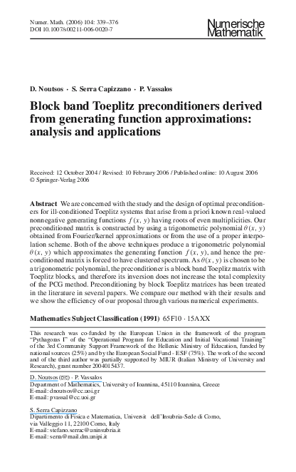 Pdf Block Band Toeplitz Preconditioners Derived From Generating Function Approximations