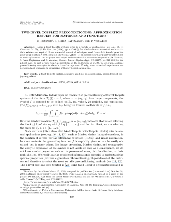 Pdf Two Level Toeplitz Preconditioning Approximation Results For 