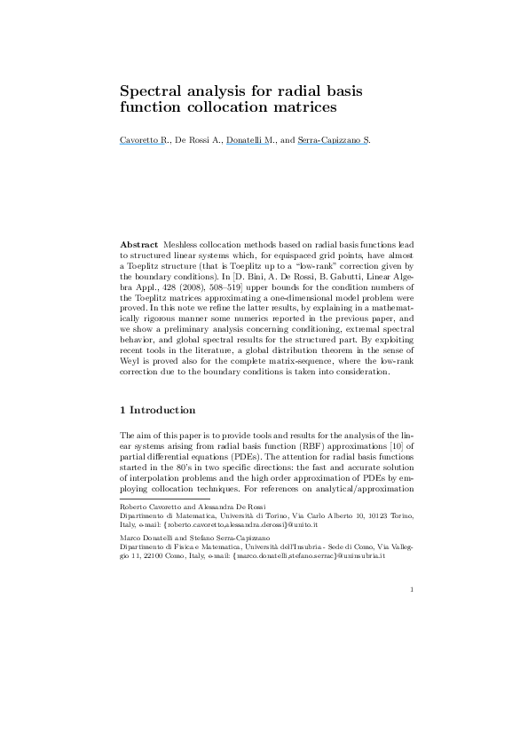 Pdf Spectral Analysis For Radial Basis Function Collocation Matrices