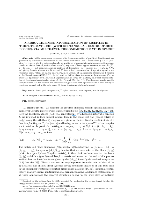 Pdf A Korovkin Based Approximation Of Multileveltoeplitz Matrices With Rectangular