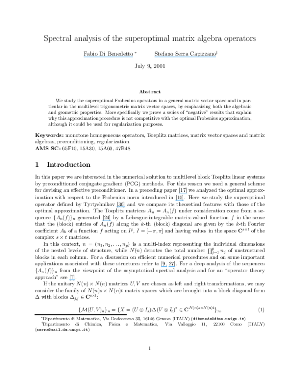 (PDF) Spectral analysis of the superoptimal matrix algebra operators
