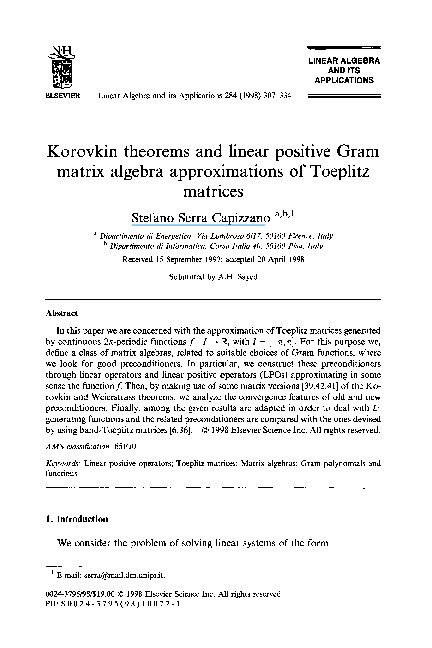 (PDF) Korovkin theorems and linear positive Gram matrix algebra approximations of Toeplitz matrices