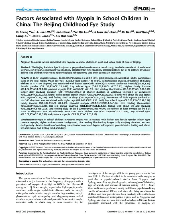 (PDF) Factors Associated with Myopia in School Children in China: The ...