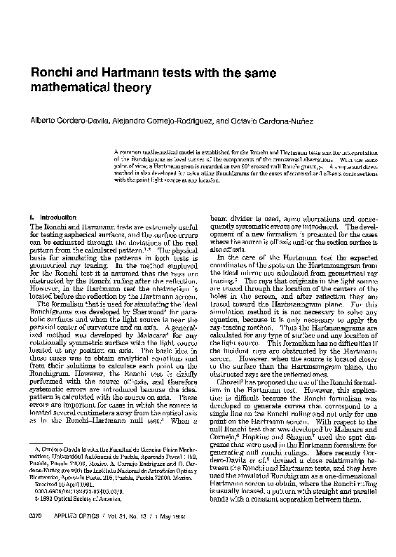 (PDF) Ronchi and Hartmann tests with the same mathematical theory