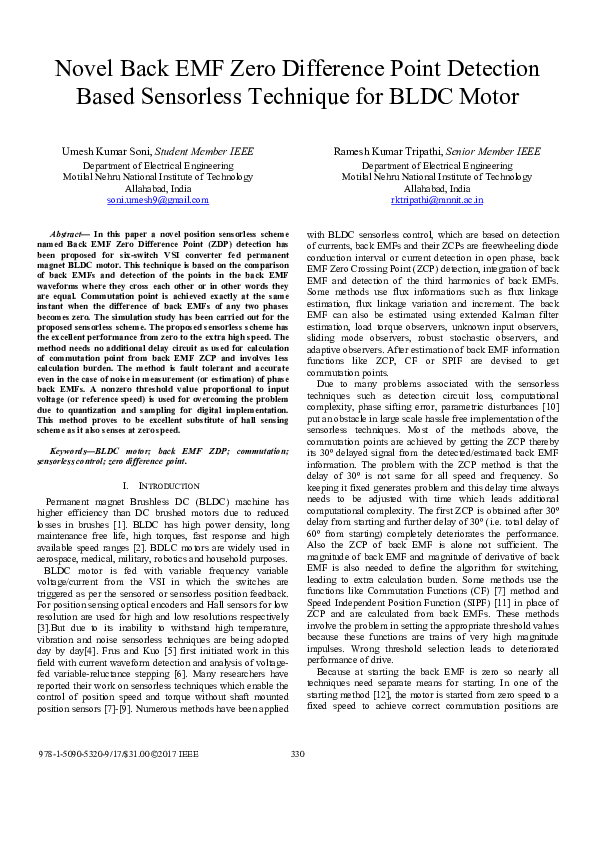 Pdf Novel Back Emf Zero Difference Point Detection Based Sensorless Technique For Bldc Motor