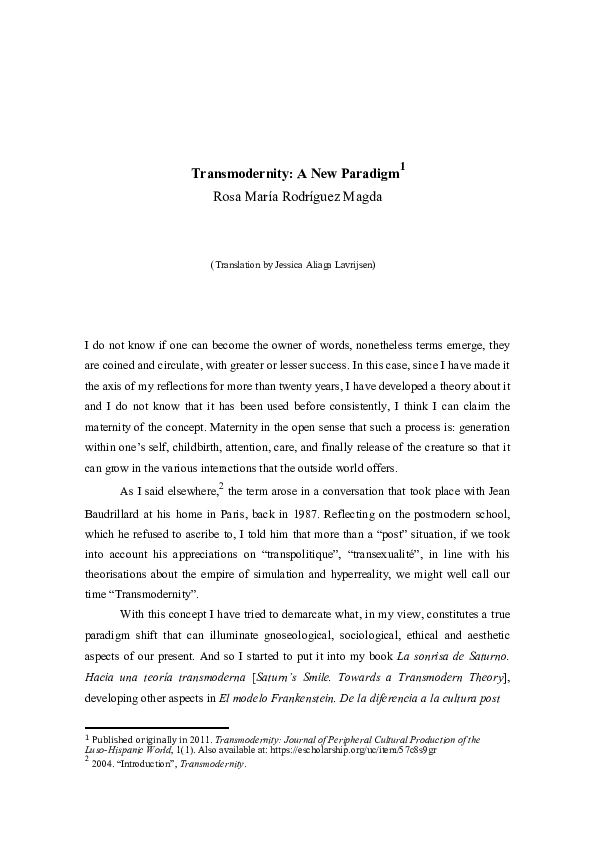 (PDF) Transmodernity: A New Paradigm 1