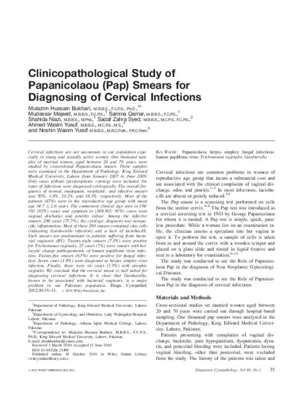 (PDF) Clinicopathological study of Papanicolaou (Pap) smears for diagnosing of cervical infections